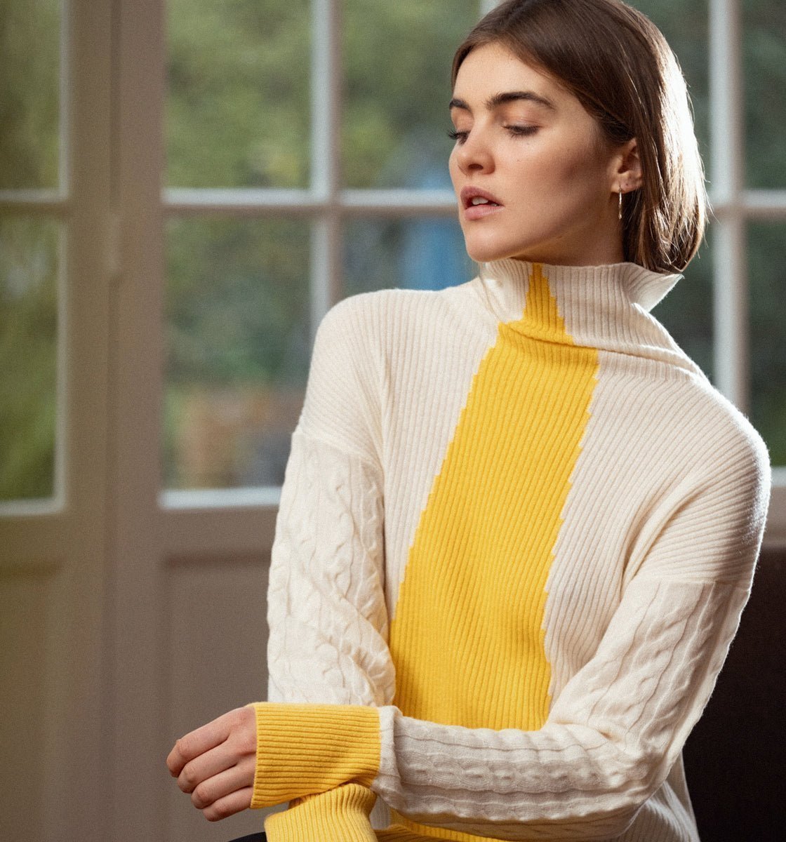 Pull Cachemire Bicolore PHAINO Jaune Écru Femme | SLYDOXA